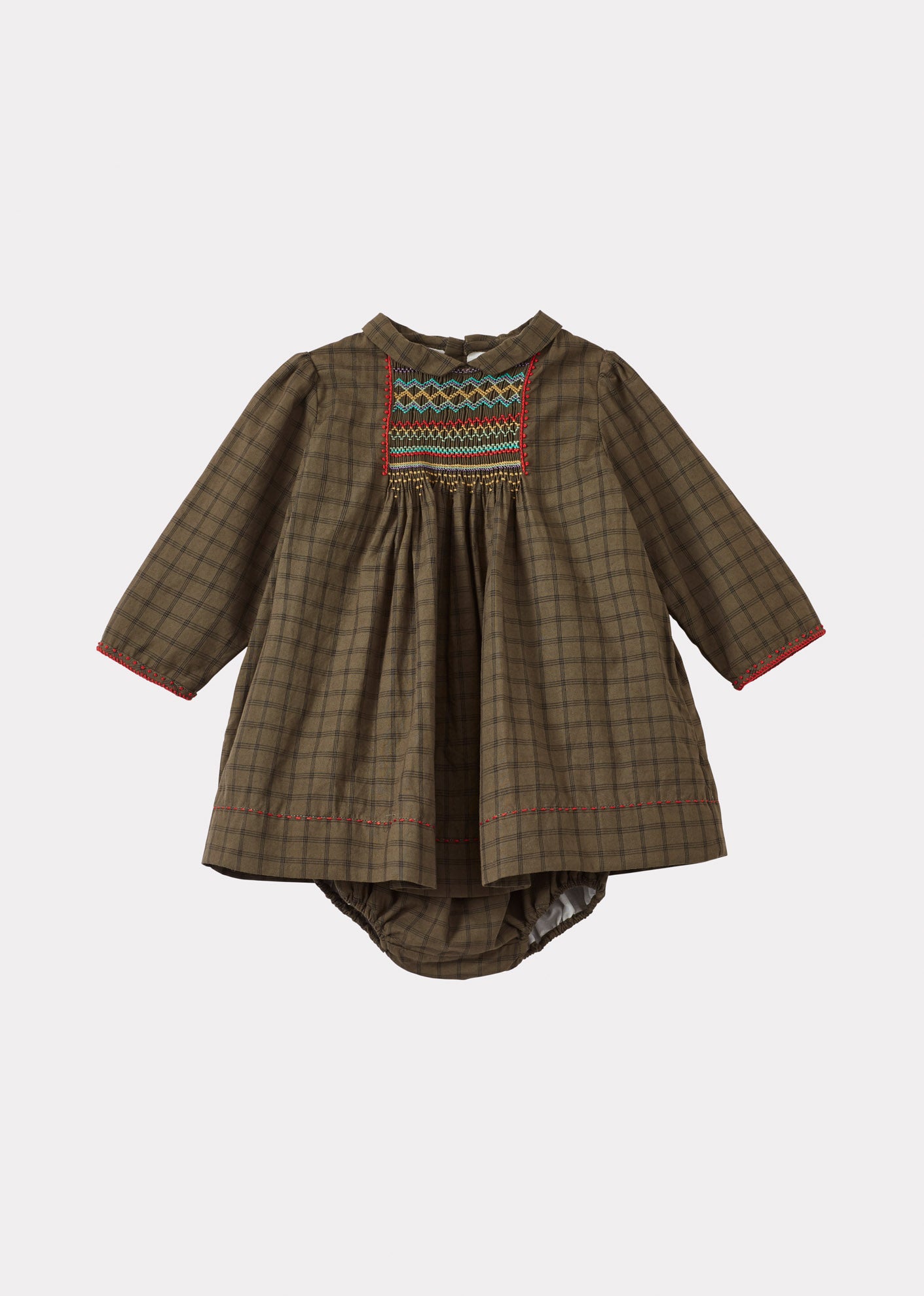 Caramel Luxury Mars Baby Hand-Smocked Dress - Khaki Check / Green
