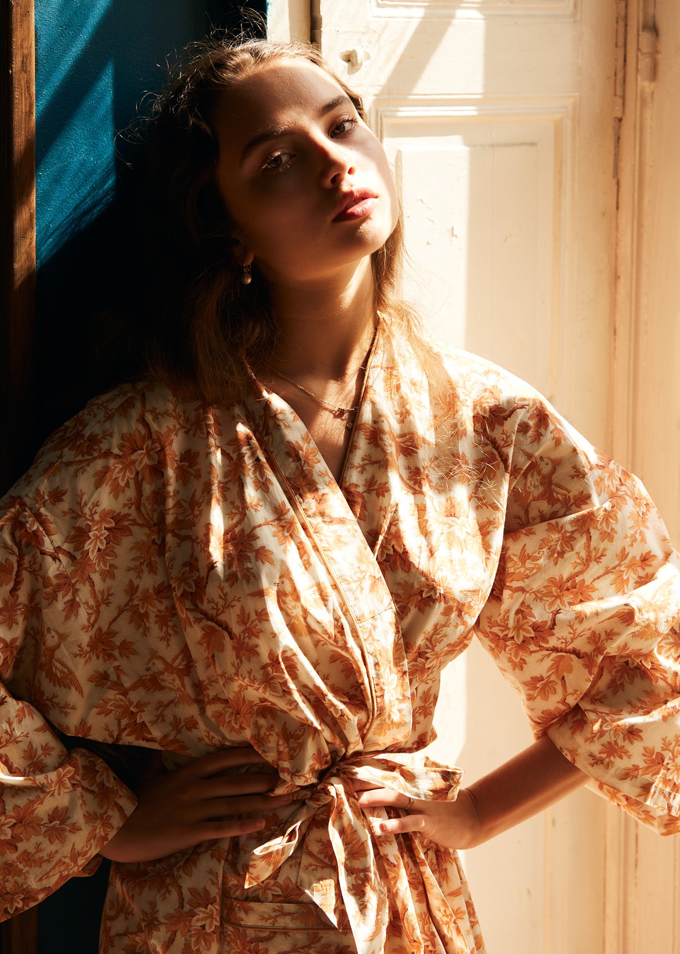 Caramel Luxury Women's Cotton Night Robe - Orange Floral Print