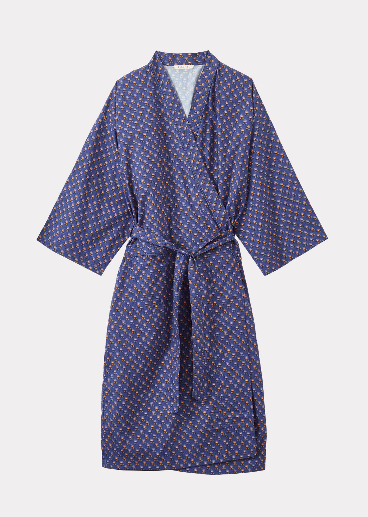 Caramel Luxury Women's Cotton Night Robe - Dark Blue Floral Print